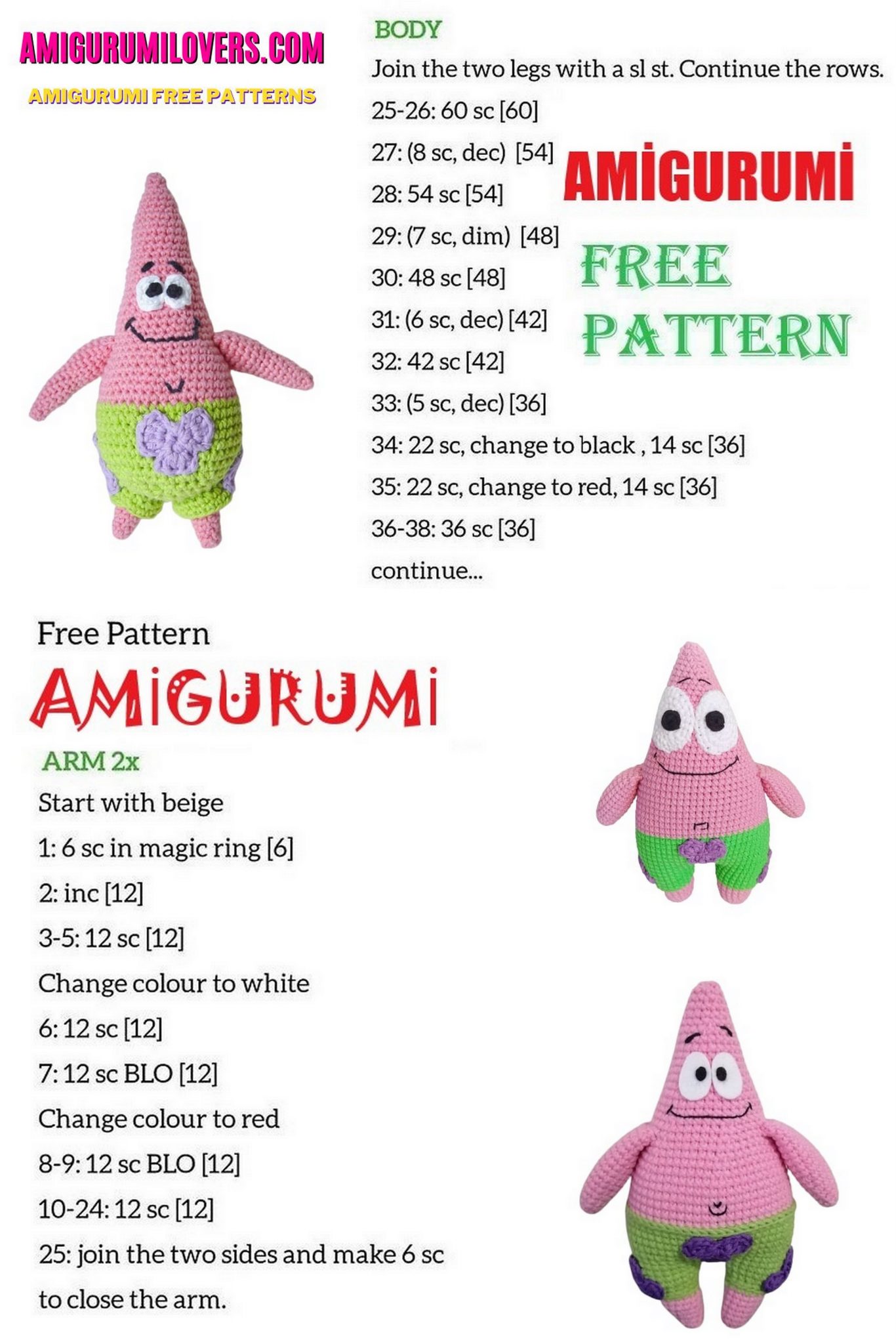 Patrick Star SpongeBop Amigurumi Free Crochet Pattern - Amigurumilovers.com